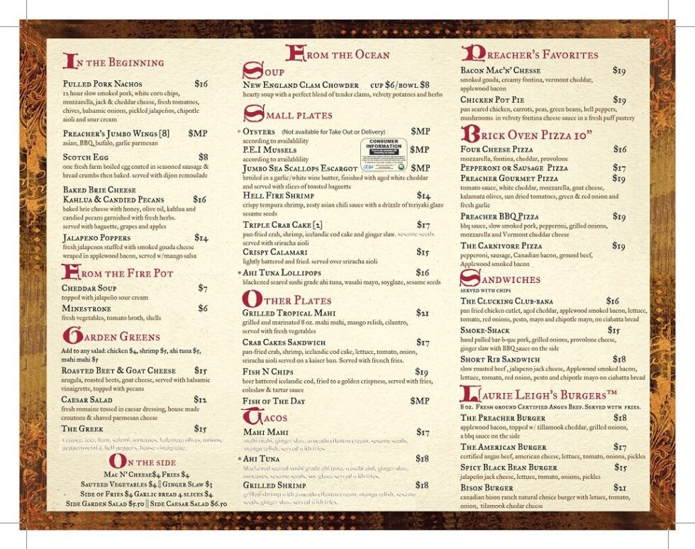 Menus | Preacher Bar